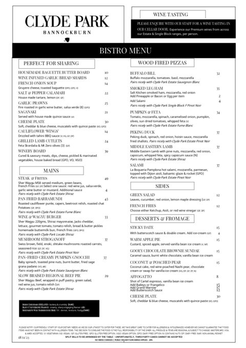 Bistro Menu - Clyde Park