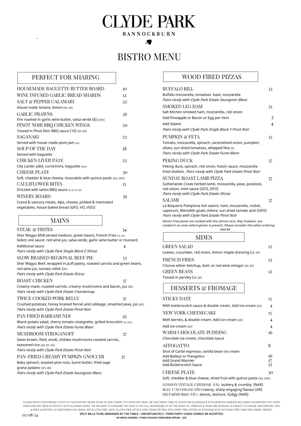 Bistro Menu - Clyde Park